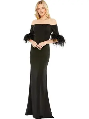 Mac Duggal Off The Shoulder Feather Trim Column Gown - Black