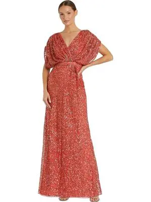 Mac Duggal Sequin Draped Sleeve V-neck Gown - Red