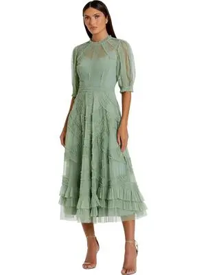 Mac Duggal High Neck Ruffle Tiered A-line Midi Dress - Green