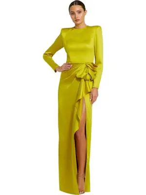 Mac Duggal Long Sleeve Satin Structured Bow Draped Column Gown - Green