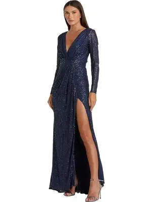 Mac Duggal Sequin Long Sleeve Gown - Navy