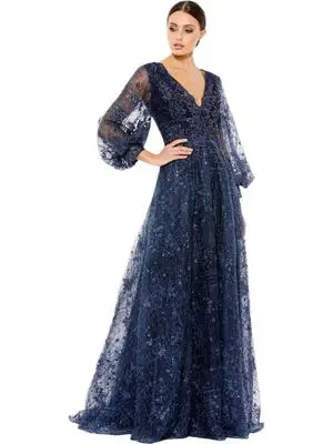 Mac Duggal Embellished Plunge Neck A-line Gown - Navy