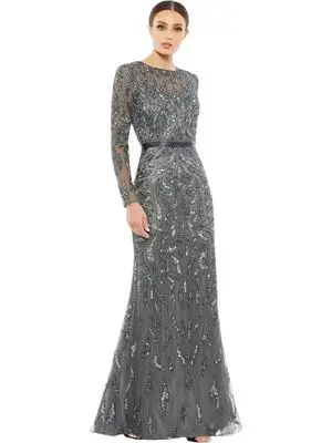 Mac Duggal Long Sleeve Beaded Evening Gown - Gray