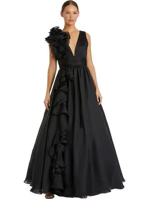Mac Duggal Ruffle Shoulder V-Neck Chiffon Gown Black