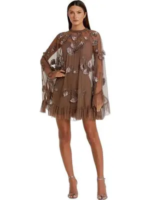 Mac Duggal Embellished Long Sleeve Trapeze Mini Dress With Ruffle Hem - Brown