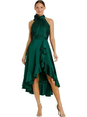 Mac Duggal Halter Neck Ruffled Midi Dress With Floral Detail - Green