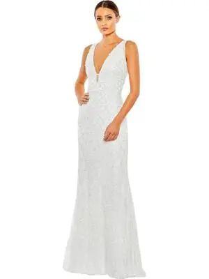 Mac Duggal Sequined Plunge Neck Column Gown - White