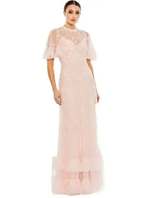 Mac Duggal Floral Embellished Flutter Sleeve A-line Gown - Pink