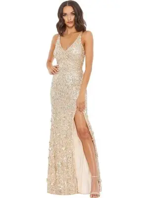 Mac Duggal Sequined Gown With Floral Appliqué And Criss-cross Back - Nude Silver