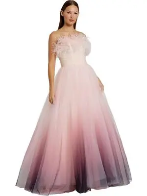 Mac Duggal Ombre Strapless Feather Bodice Tulle Gown - Pink