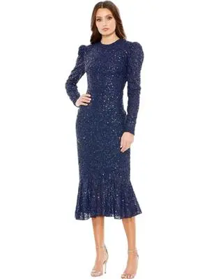 Mac Duggal Sequin Trumpet Midi Dress - Navy