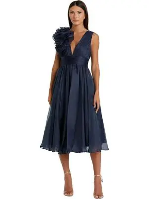 Mac Duggal Sleeveless Chiffon A-line Tea Length Gown - Navy