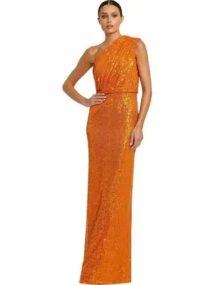 Mac Duggal Sequined Ruched One Shoulder Gown - Orange