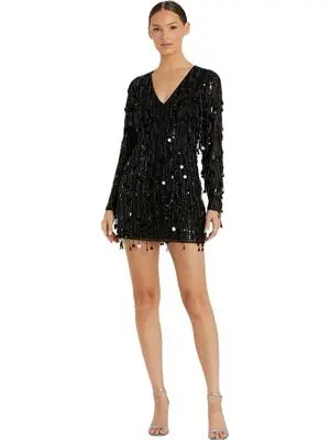 Mac Duggal Long Sleeve Beaded Fringe Plunge Neck Dress - Black