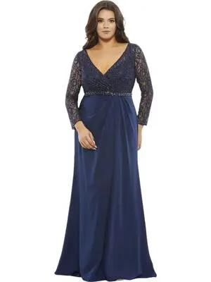 Mac Duggal Lace Illusion Long Sleeve V-neck Draped Gown - Midnight
