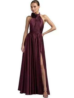 Mac Duggal Halter Neck High Slit Gown - Purple
