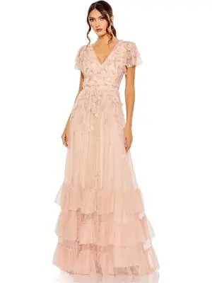 Mac Duggal Ruffle Tiered Embellished Faux Wrap Gown - Pink