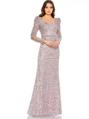 Mac Duggal Long Sleeve Embroidered Applique Trumpet Gown - Purple