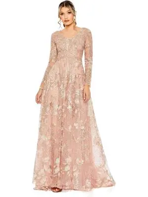 Mac Duggal Embellished Long Sleeve V-neck A-line Gown - Pink