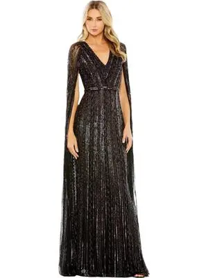Mac Duggal Sequin V-neck Gown With Cape Sleeves - Black