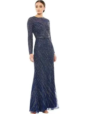 Mac Duggal Long Sleeve Beaded Column Gown - Navy