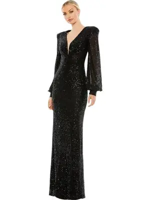Mac Duggal Sequin Gown With Plunge Neck And Bishop Sleeves - Black
