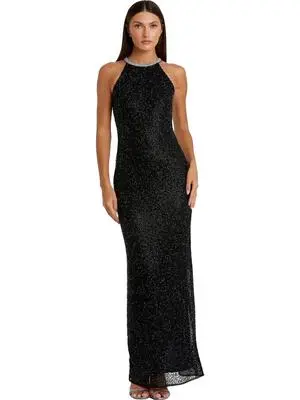 Mac Duggal Beaded High Neck Column Gown - Black