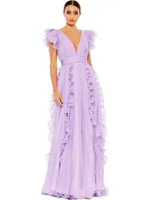 Mac Duggal Pleated Ruffle Cap Sleeve A-line Gown - Purple
