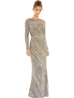 Mac Duggal Beaded Long Sleeve Column Gown - Multicolor