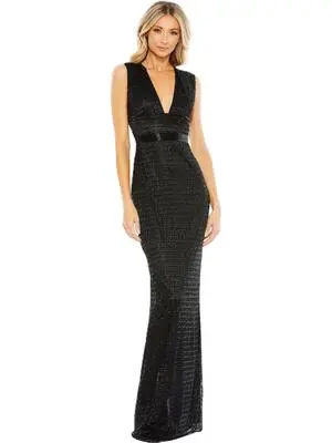 Mac Duggal Beaded V-neck Column Gown With Cap Sleeves - Black