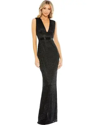 Mac Duggal Beaded V-neck Column Gown With Cap Sleeves - Black