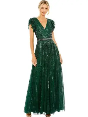 Mac Duggal Sequined Wrap-over Gown With Ruffled Cap Sleeves - Green
