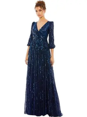 MAC DUGGAL Sequin-Embellished 3/4 Sleeve Wrap Gown
