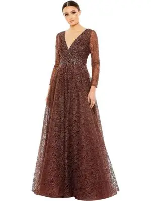 Mac Duggal Embellished Illusion Long Sleeve V Neck Gown - Brown