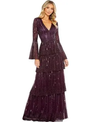 Mac Duggal Embellished Bell Sleeve Tiered Gown - Blackberry