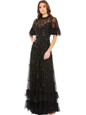 Mac Duggal Ruffled Floral Embellished Flutter Sleeve A-line Gown - Black