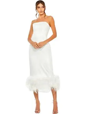 Mac Duggal Strapless Feather Trimmed Dress - White