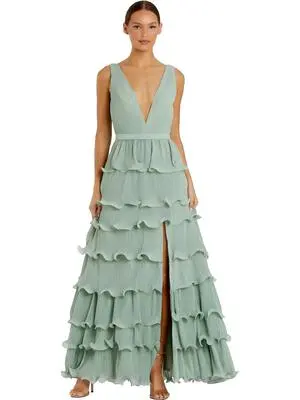 Mac Duggal Sleeveless Ruffle Tiered V Neck Gown - Green