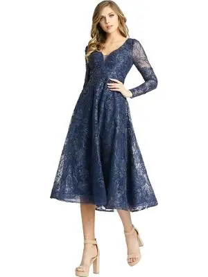 Mac Duggal Embellished Plunge Neck Long Sleeve Midi Dress - Navy
