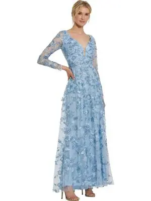 Mac Duggal Floral Applique Illusion Gown - Blue