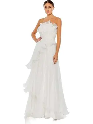 Mac Duggal Pleated Tiered Ruffled Strapless Gown - White