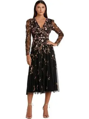 Mac Duggal Floral Embroidered A-line Cocktail Dress - Black