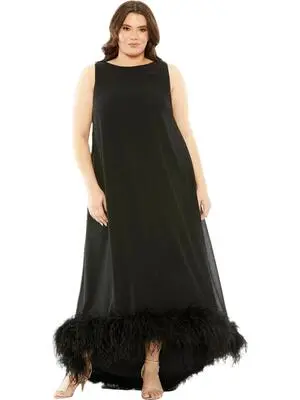 Mac Duggal High Neck Feather Hem Gown - Black