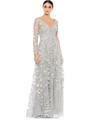 Mac Duggal Floral Applique Illusion Gown - Gray