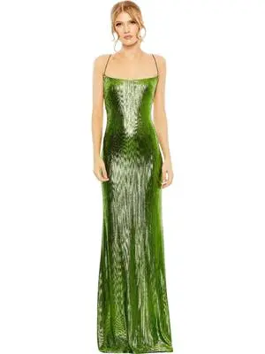 Mac Duggal Metallic Lame Column Gown With Lace-up Back - Green