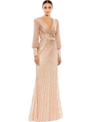 Mac Duggal Sequined Wrap-over Bishop Sleeve Gown - Pink