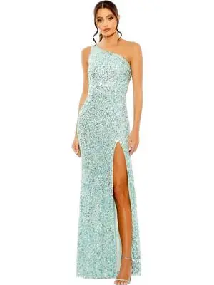 Mac Duggal Sequined One Shoulder Gown With Slit - Blue