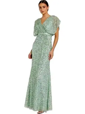 Mac Duggal Sequin Draped Sleeve V-neck Gown - Green