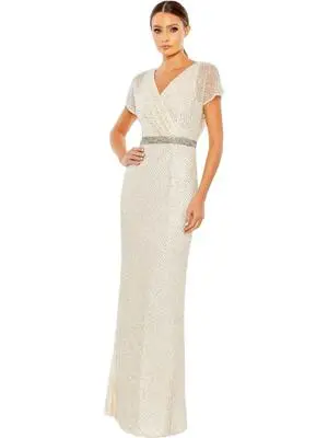 Mac Duggal Beaded Short Sleeve Column Gown - White