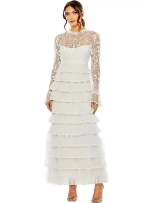 Mac Duggal Embroidered Ruffled Tiered Gown - White